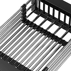 Over The Sink Dish Drying Rack, Retractable Stainless Steel Sink Strainer Telescopic Drain Basket Kitchen Rack Drain Basket Sink Organizer for Vegetable and Fruit(L-Black)