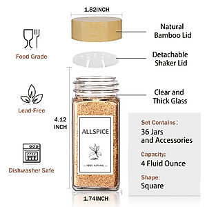 Aliggbent Spice Jars with Lable, 36 Pcs 4 oz Glass Spice Jars with Bamboo Lids, Spice Containers Bottles, Glass Seasoning Jars with Shaker Lids, Collapsible Funnel, for Spice Racks, Pantry,Cupboard