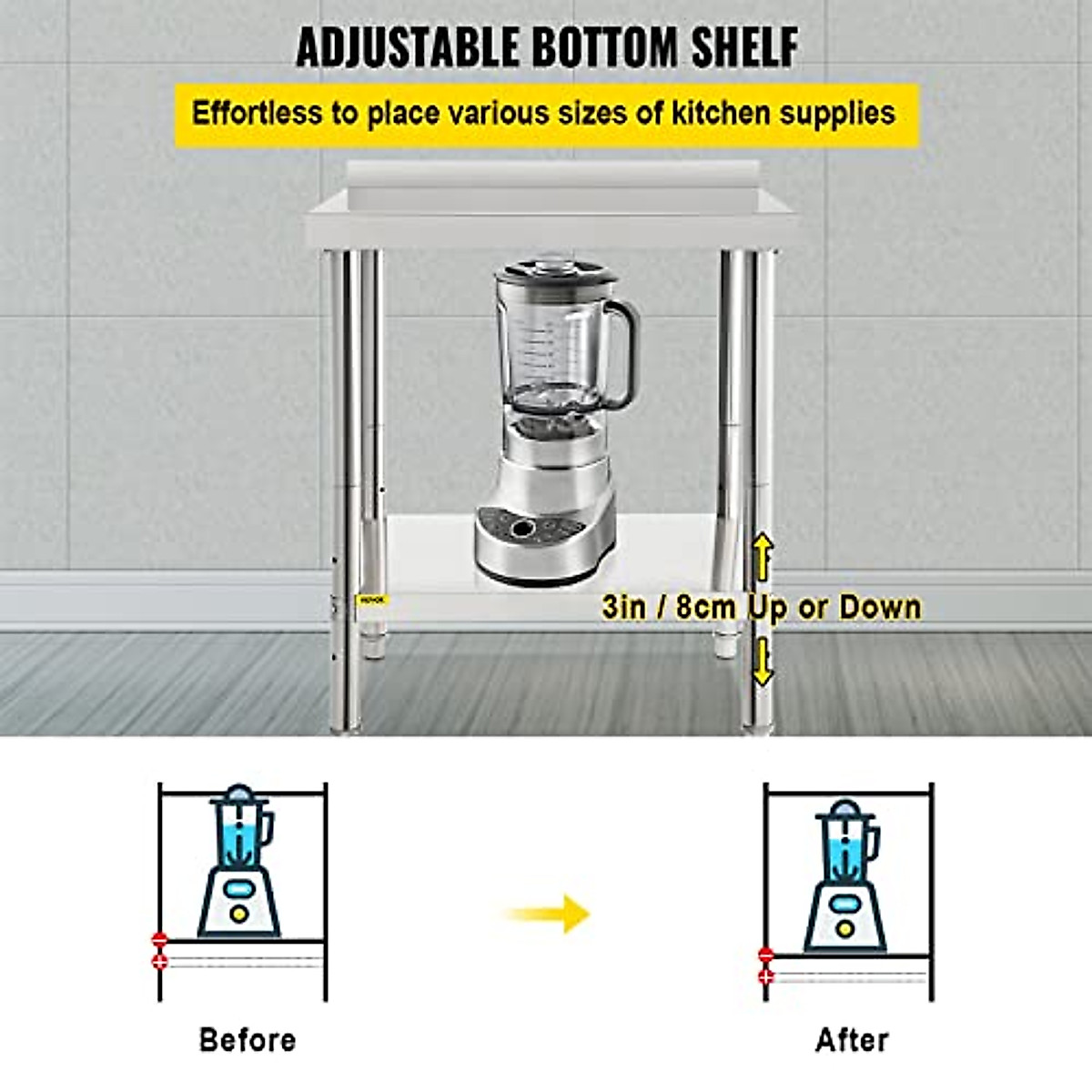 VEVOR Stainless Steel Prep Table, 30 x 24 x 35 Inch, 440lbs Load Capacity Metal Worktable with Backsplash and Adjustable Undershelf, Commercial Workstation for Kitchen Restaurant