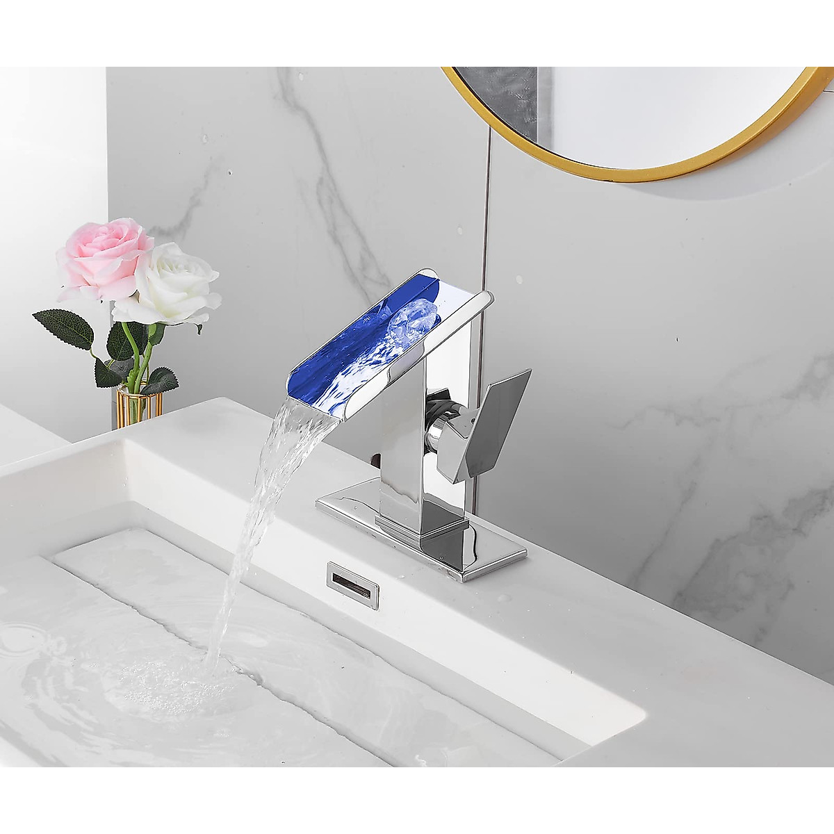 Chrome Bathroom Sink Faucet One Hole LED Waterfall Spout RGB 3 Colors Light Changing Lavatory Vanity Faucets Brass Single Handle Modern Washbasin Bath Tap Include Plates to Cover Holes Residential
