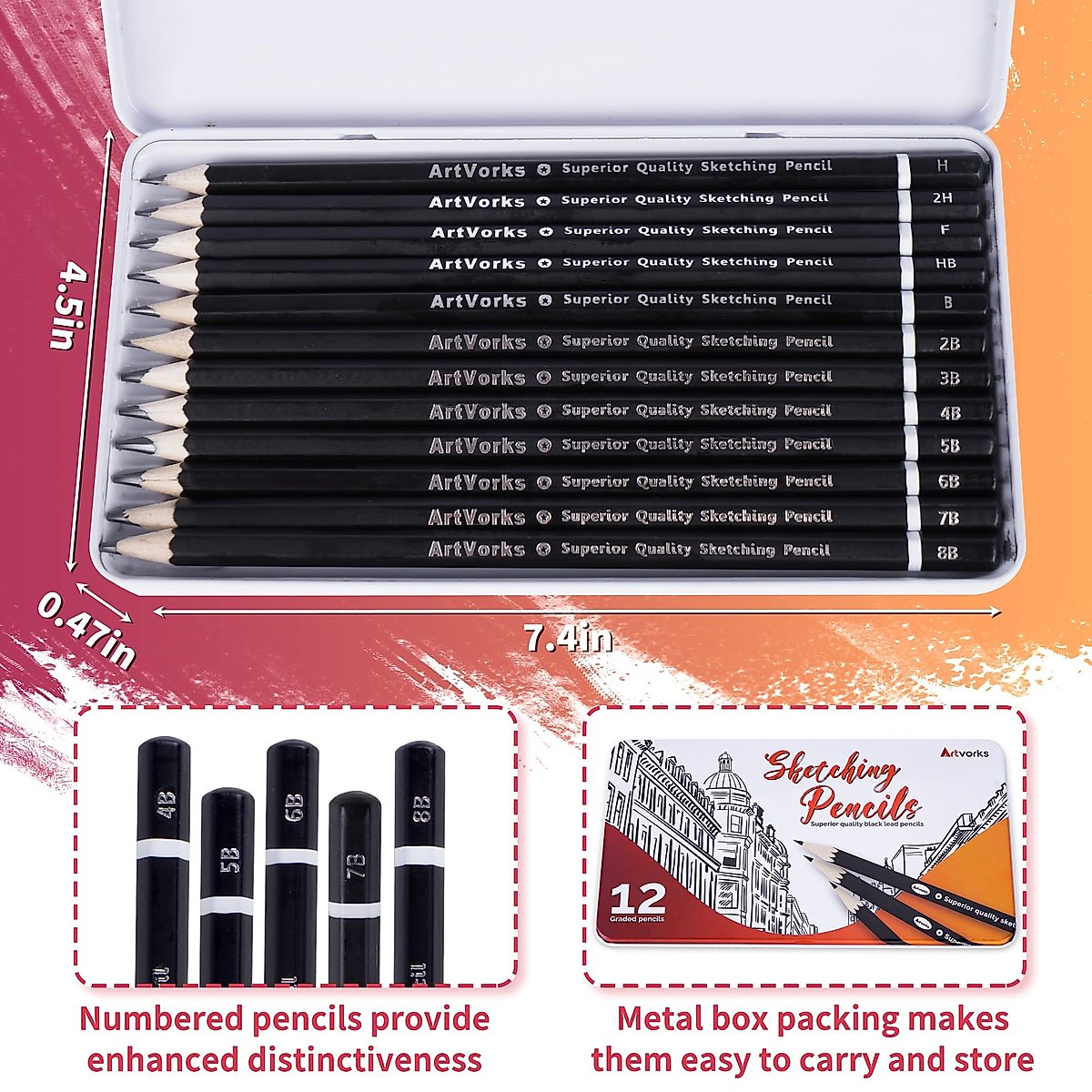 Artvorks 12 PCS Drawing Pencils – Professional Graphite Sketch Pencils (8B-2H) in a Robust Metal Case – Ideal for Drawing, Sketching, Shading for Artists & Beginners