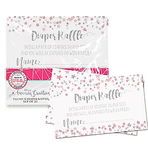 Amanda Creation Pink & Silver Twinkle Little Star Themed Diaper Raffle Tickets for Girl Baby Showers, 20 2" X 3” Double Sided Inserts, Bring a Pack of Diapers to Win Favors & Prizes!