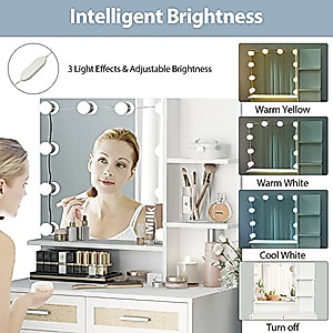 Maupvit Rattan Vanity Desk with Mirror and Lights, Boho Makeup Vanity Table Set with Nightstand, 5 Drawers & 10 Bulbs, Metal Silver Handle, 3 Open Shelves, Dressing Table with Cushioned Stool (White)