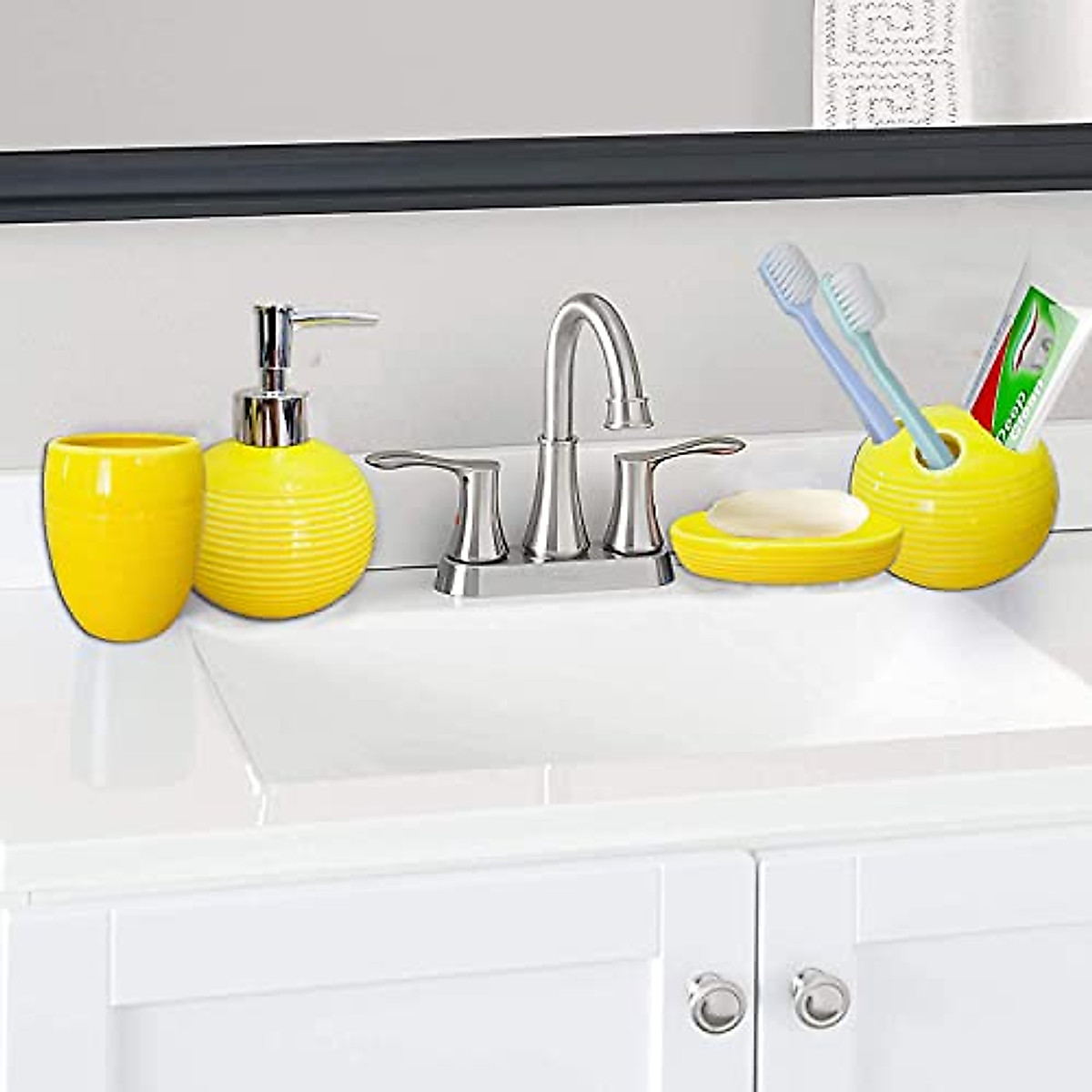 AONUOWE Bathroom Accessories Set 4PCS, Bathroom Decor Ceramic Accessories Sets Complete with Soap Dispenser, Toothbrush Holder, Tumbler, Soap Dish(Yellow)