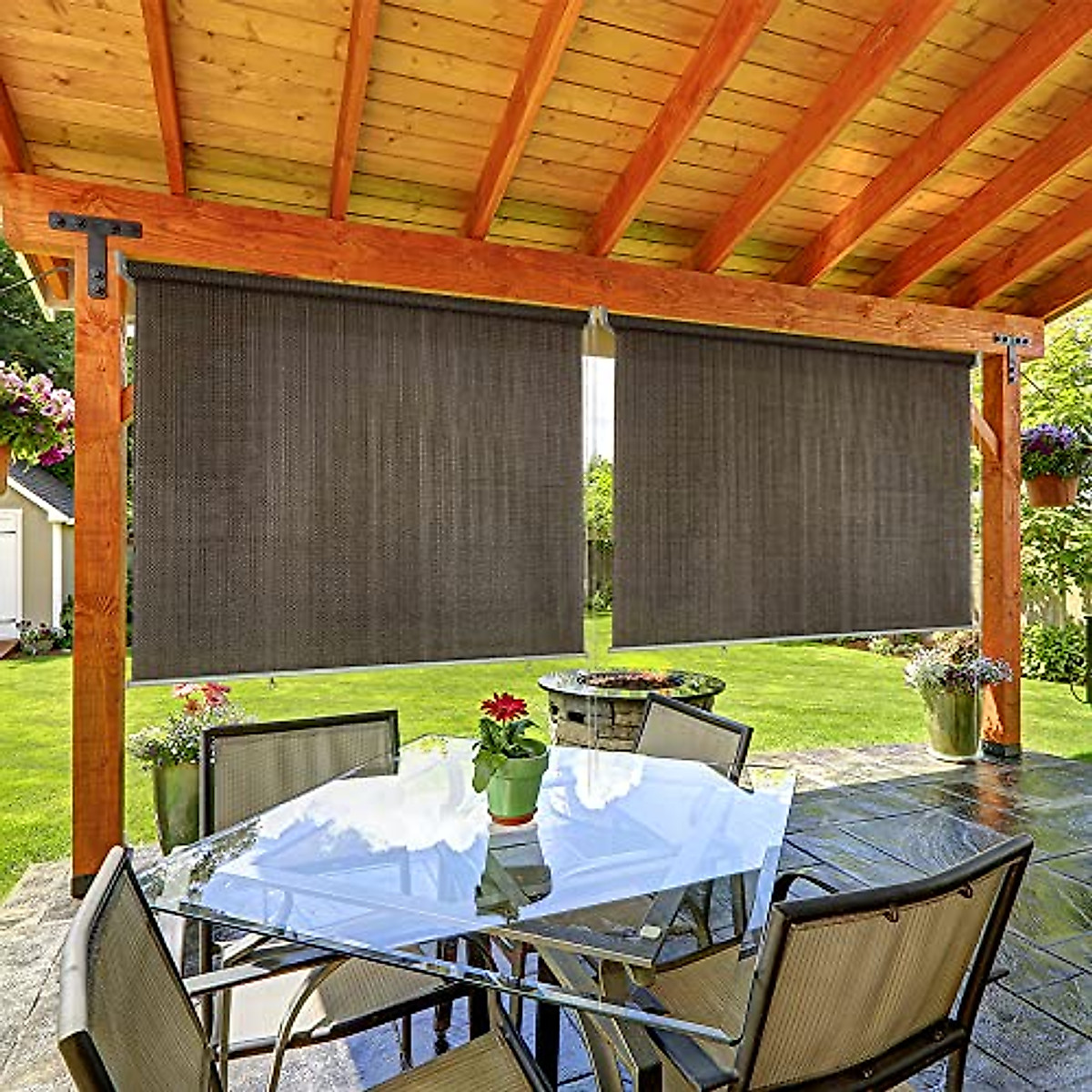 Vocray Outdoor Roller Shade, Patio Blinds Roll Up Shade with 95% UV Protection (6' W X 6' L), Coffee