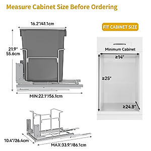 37-Quart (L) Pull-Out Trash Can with Soft Close for 14" W x 24.8" D x 25" H Min Cabinets, Sliding Under Mount Kitchen Pullout Waste Container Trash Can, Gray