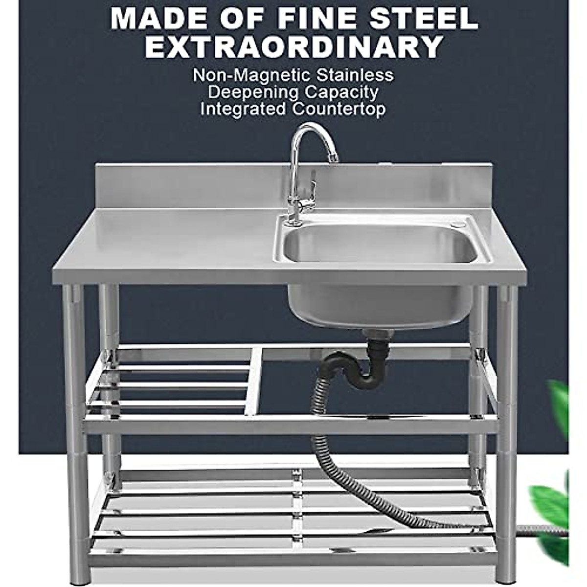 Stainless Steel Kitchen Sink with Workbench & Storage - Commercial Use