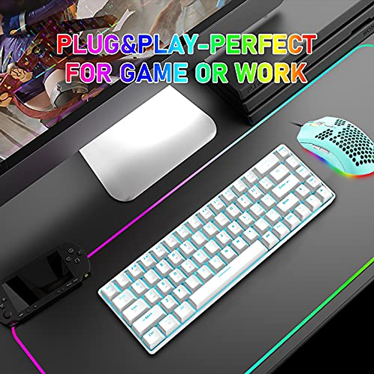 60% Mechanical Gaming Keyboard and Mouse Combo with Mini Ergonomic Anti-ghosting 68Key Multi Backlight 6400DPI Green Honeycomb Mice Type-C Wired for PC Mac Gamer Office Typist(White Blue/Blue Switch)