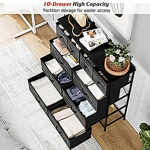 Nicehill Dresser for Bedroom with 10 Drawers, Storage Drawer Organizer, Tall Chest of Drawers for Closet, Clothes, Kids, Baby, Living Room, Wood Board, Fabric Drawers(Black Wood Grain)