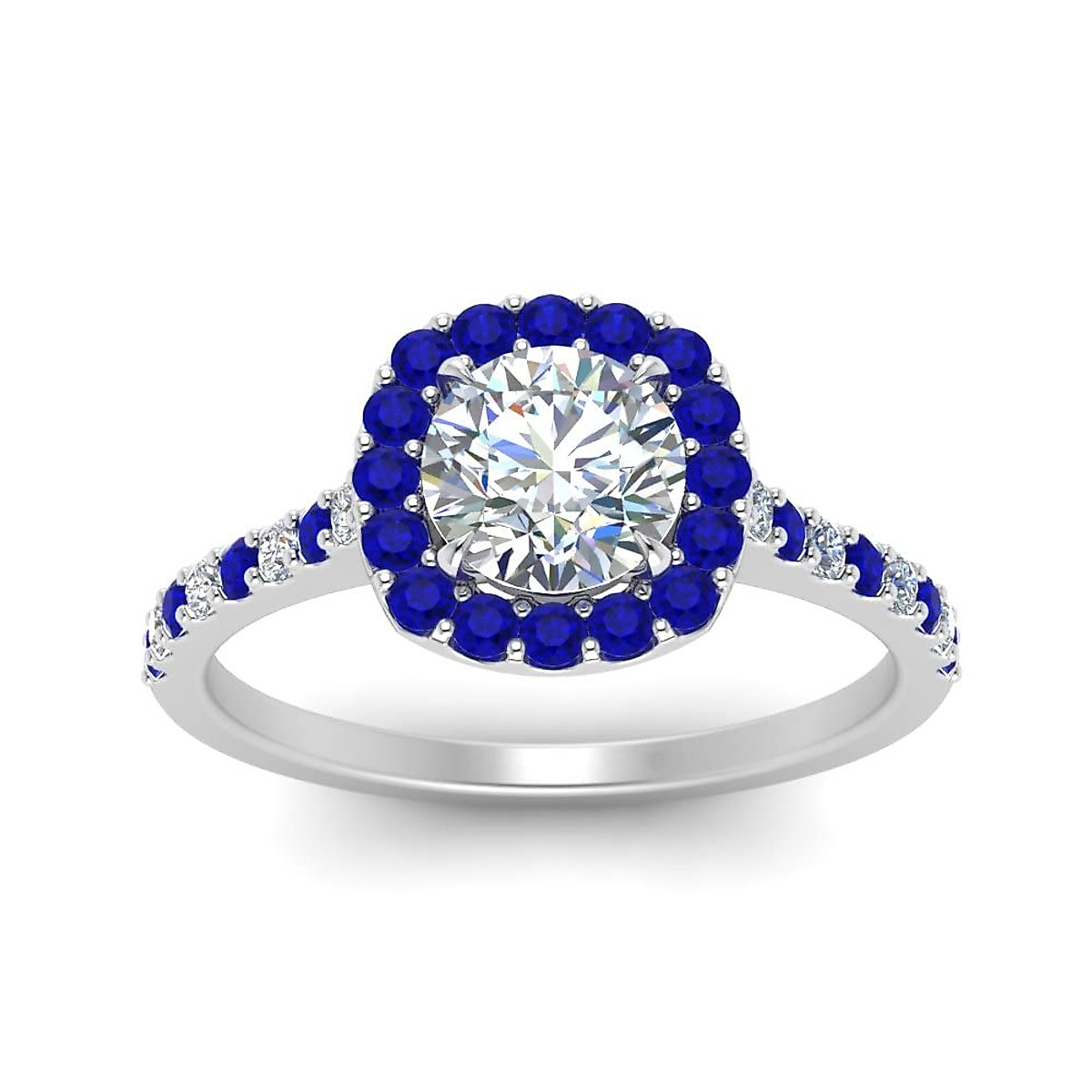 CustomizedGifts Round Diamond Square Halo Ring Sterling Silver Created Blue Sapphire Round Shape Blue Color Solitaire Engagement Rings Prong Setting. in Size 10 Handcraft Chakra Healing