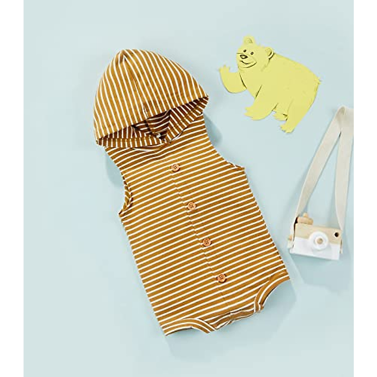 Newborn Baby Boy Girl Unisex Romper Infant Toddler One Piece Hooded Striped Bodysuits Sleeveless Buttons Clothes (A~Brown , 3-6 Months )