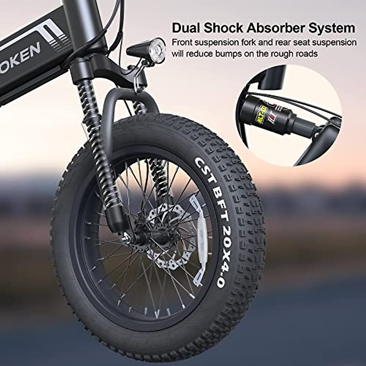 Wooken Electric Bike, 20'' Fat Tire for Adults, 500W Folding with 48V 10Ah Battery, Shimano 7 Speed Gears, Dual Shock Absorber, 20MPH Ebike Commute Mountain Beach Snow.