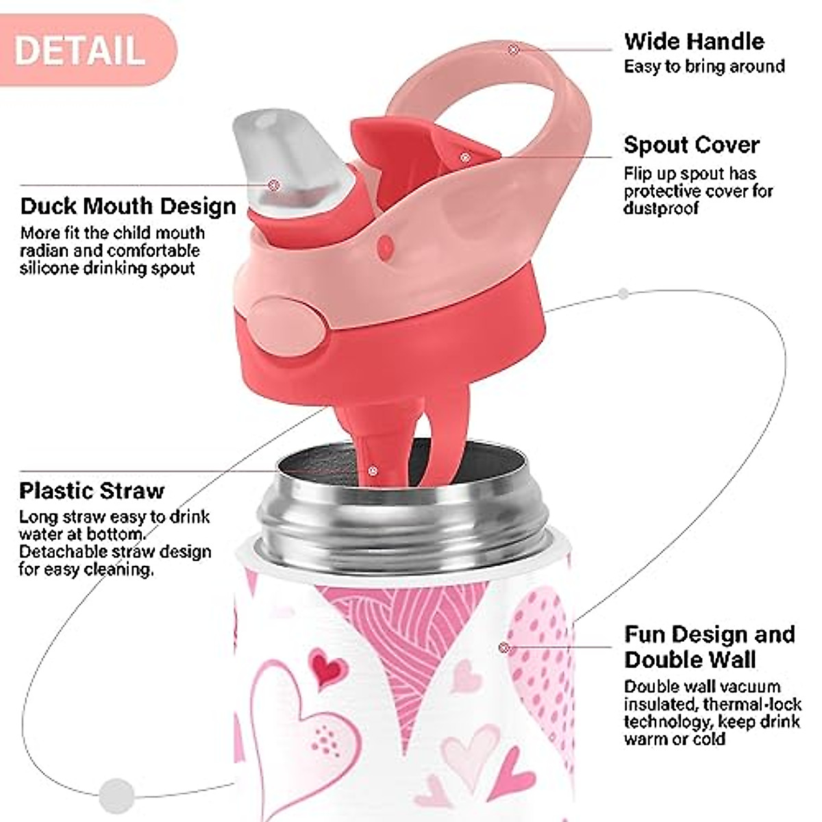 Kigai Romantic Pink Peach Heart Kids Water Bottle, Insulated Stainless Steel Water Bottles with Straw Lid, 12 oz BPA-Free Leakproof Duck Mouth Thermos for Boys Girls