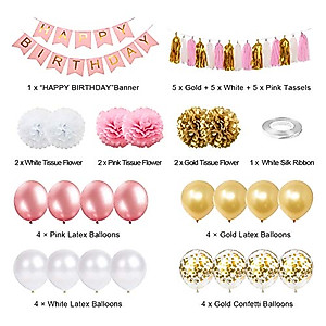 Pink and Gold Birthday Decoration, Happy Birthday Banner, Tissue Flower, Party Balloons for 16th 18th 21st 30th 50th 60th Birthday Party Decoration Supplies for Women Girls