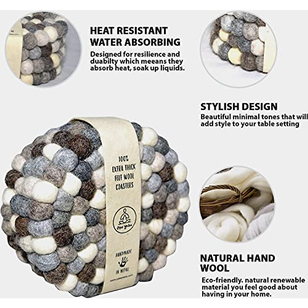 Felt Coasters Round - Premium Felted Ball Wool Coasters Set of 4 - with Lokta Gift Box & Ribbon - Handmade Large Absorbent Coasters for Drinks - Naturally Dense, Heat Resistant, Thick & Durable