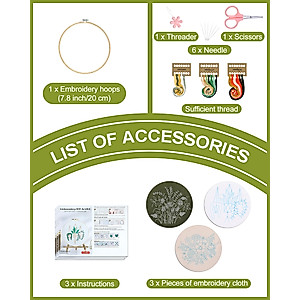 Santune 3 Sets Embroidery Starter Kit with Pattern and Instructions, Cross Stitch Set, Stamped Embroidery Kits with 3 Embroidery Clothes with Pattern, 1 Embroidery Hoops