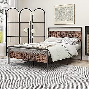 alazyhome Modern Industrial Full Size Bed Frame Metal Platform with Rustic Wooden Headboard and Footboard, No Box Spring Needed, Noise Free, Easy Assembly Black