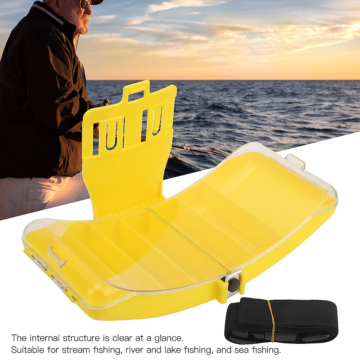 VGEBY Fishing Box, Portable Waist Fishing Box with Belt Plastic Fishing Tackle Bait Lure Hook Storage Organizer for Fishing(Yellow)