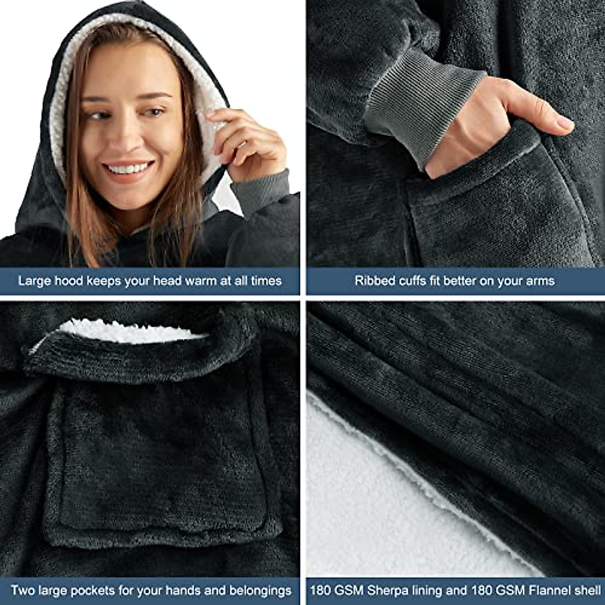 CozyLux Wearable Blanket Hoodie Gifts for Women, Oversized Warm Sherpa Flannel Sweatshirt Blanket with Hood and Pockets, One Size Fits All Presents for Women, Grey