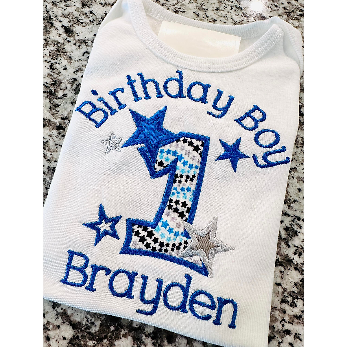 Fantasy Kids Designs First Birthday Boy Outfit Bodysuit Personalized with Custom Name (12 Months Short Sleeve, Royal Blue)