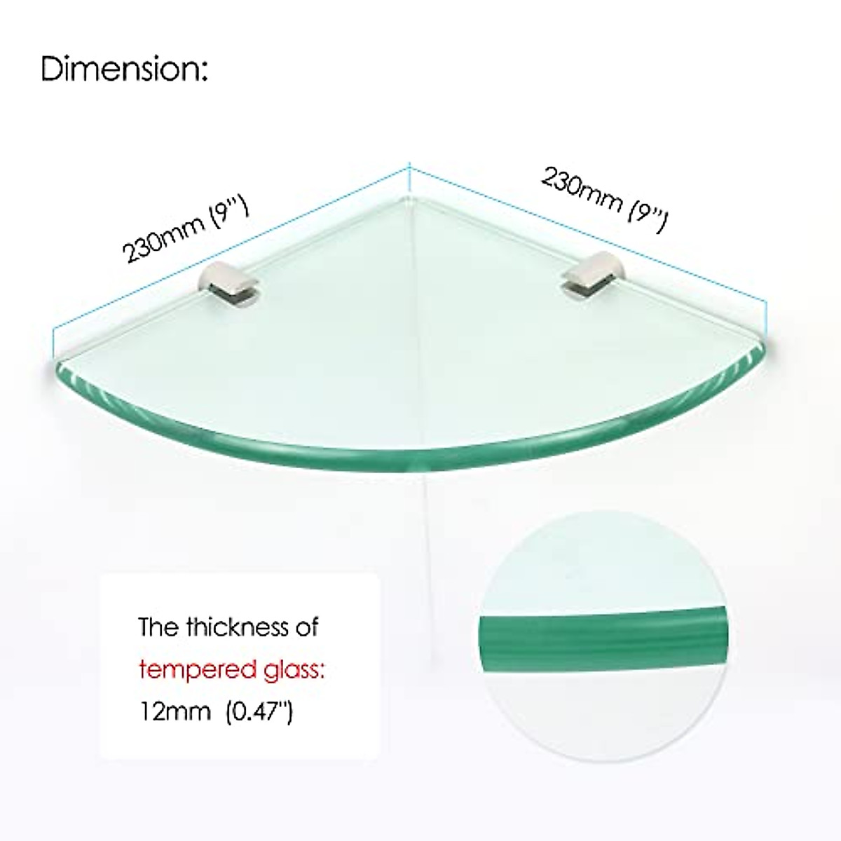 Bathroom Tempered Glass Shower Corner Shelf 12mm Thick Floating Wall Mounted Shelves for Home Decor 9"x9" Quarter Circle Shevling with SUS304 Bracket