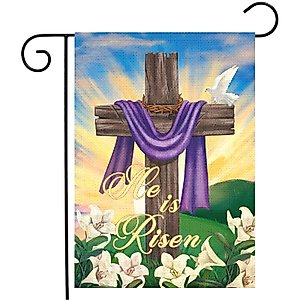 Louise Maelys Easter Garden Flag 12x18 Double Sided Burlap, Small Vertical He is Risen Easter Cross Garden Yard Flags for Easter Spring Christmas Outdoor Outside Decoration (ONLY FLAG)