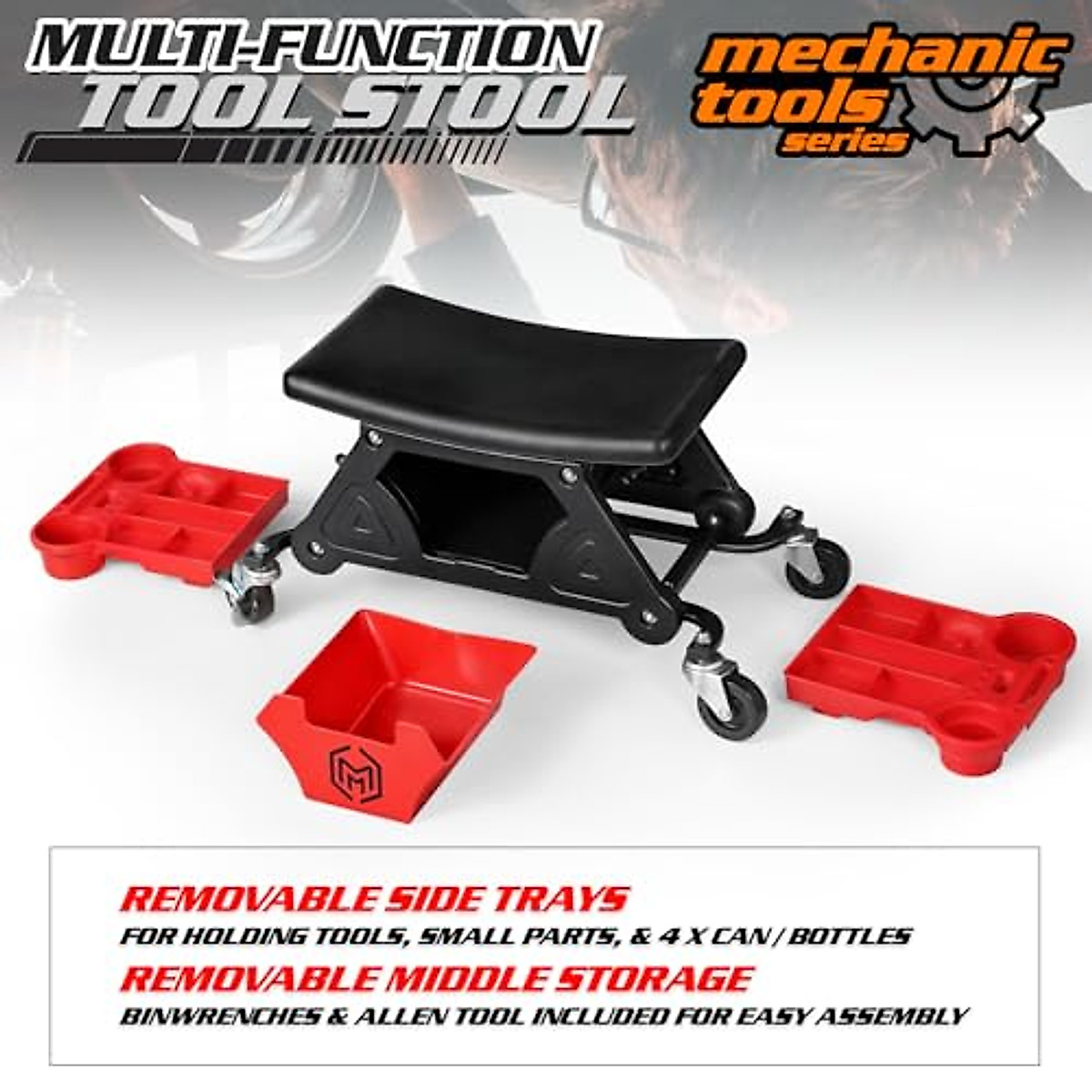 M-AUTO Rolling Mechanic Stool Garage Roller Chair Creeper Seat w/Storage Tool Tray and Drawers,300LBS Capacity Workbench Stool with Lockable Rollers for Home Garage DIY Automotive, 25" Red