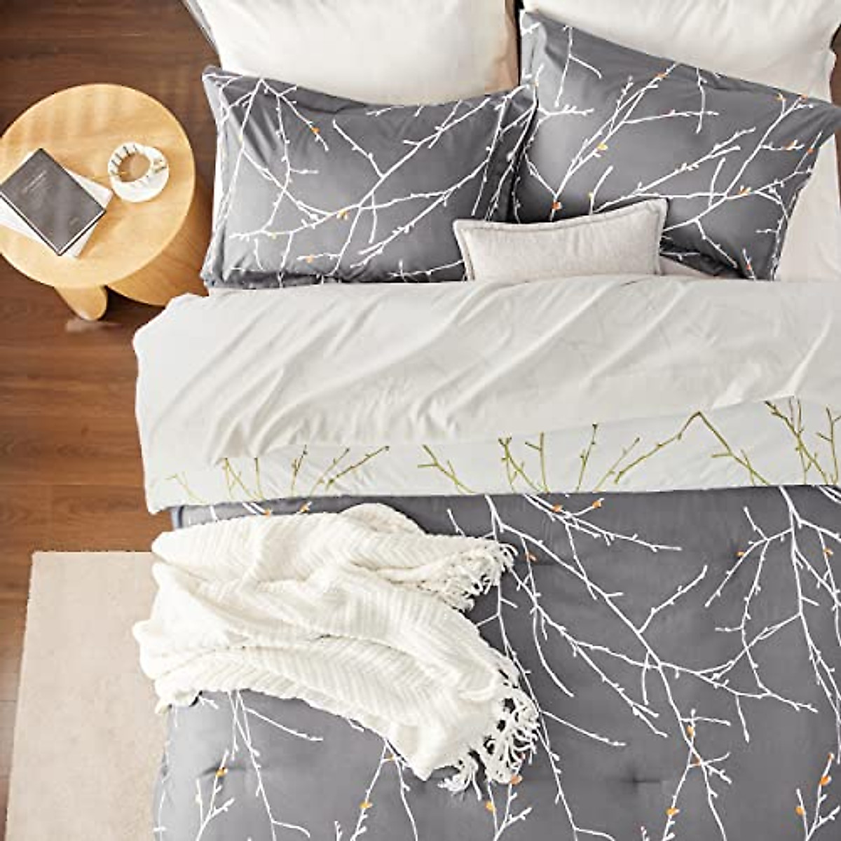 Bedsure Queen Comforter Sets - Bed in a Bag Queen 7 Pieces, Grey Flroal Reversible Bed Set Tree Branch Pattern Printed with Comforters Queen Size, Sheets, Pillowcases & Shams