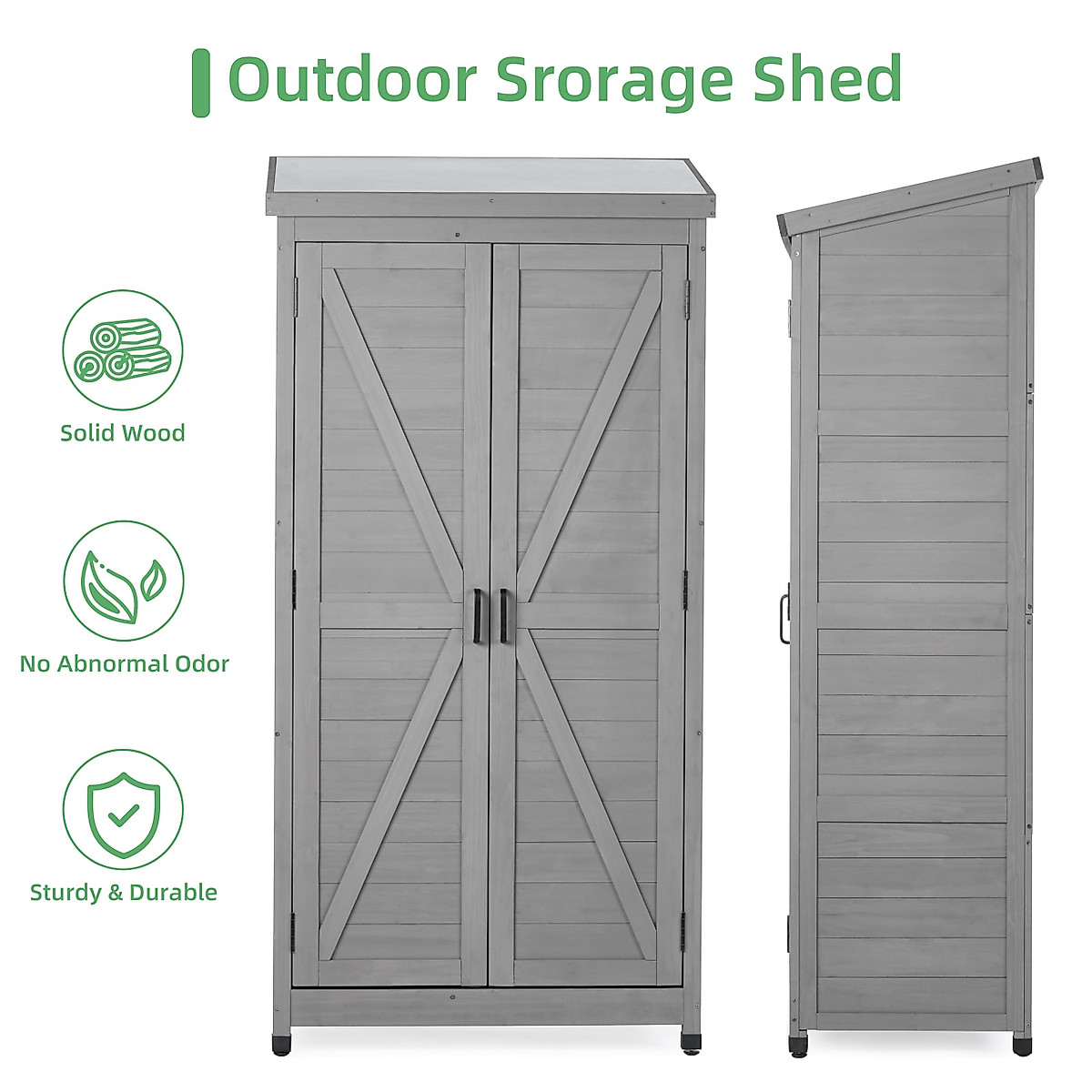 Outdoor Wooden Storage Shed with Metal Top, Tall Vertical Tool Cabinet for Backyard Garden Patio Lawn