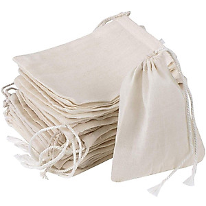 GIYOMI 20 Pcs Muslin Drawstring Bags,Natural Unbleached Cotton Straining Herbs Cheesecloth Bags, Coffee Tea Brew Bags, Soup Gravy Broth Stew Bags, Bone Broth Brew Bags,Spice Bags, 4 x 3 Inches