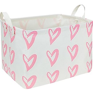 CLOCOR Rectangular Pink Storage Basket Empty,Heart Print Basket for Kids,Waterproof Storage Basket with Handles,Gift Basket(Pink Heart)