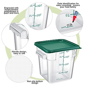 Maxcheck 4 Pcs 4Qt Food Storage Container with Lids Set Square Clear Commercial Containers with Scale and Handle Space Saving for Home Kitchen Restaurant Proof Dough Marinating Meat (Green)