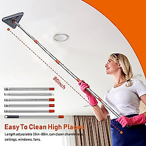 80 Inches Wall Mop with Long Handle Ceuku Wall Cleaner Mop with Extension Pole 39" to 80" Wall Duster With 3 Replacement Pad and 2 Tile Tub Brush, Wall Cleaner Mop for Cleaning Ceiling Window Tile Tub