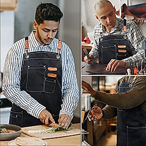 NLUS Chef Apron for Men Women, Water-Resistant Heavy Duty Cotton Canvas Apron Cross Back Apron with Adjustable Straps and Large Pockets, Size M to XXL (BLACK)