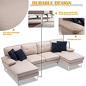 Zugoni 110''Sectional Sofa U Shaped Sectional Couch, Large Sectional Couches with Tufted for Living Room, Comfy Soft Chaise Sectional Sofas, Modern Linen Sectionals with 4 Free Throw Pillows, Beige