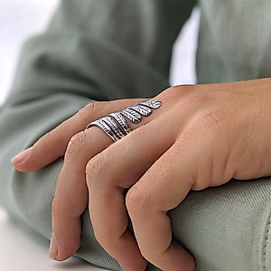 81stgeneration Wide 925 Sterling Silver Feather Ring - Leaf Shaped Adjustable Rings for Women - Wraparound Boho Rings for Teen Girls - Unique Wrap Wedding Ring - Thumb Ring