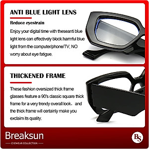 Breaksun Thick Frame Blue Light Glasses for Women Men Fashion Oversized Square Computer Gaming Eyeglasses (Black)