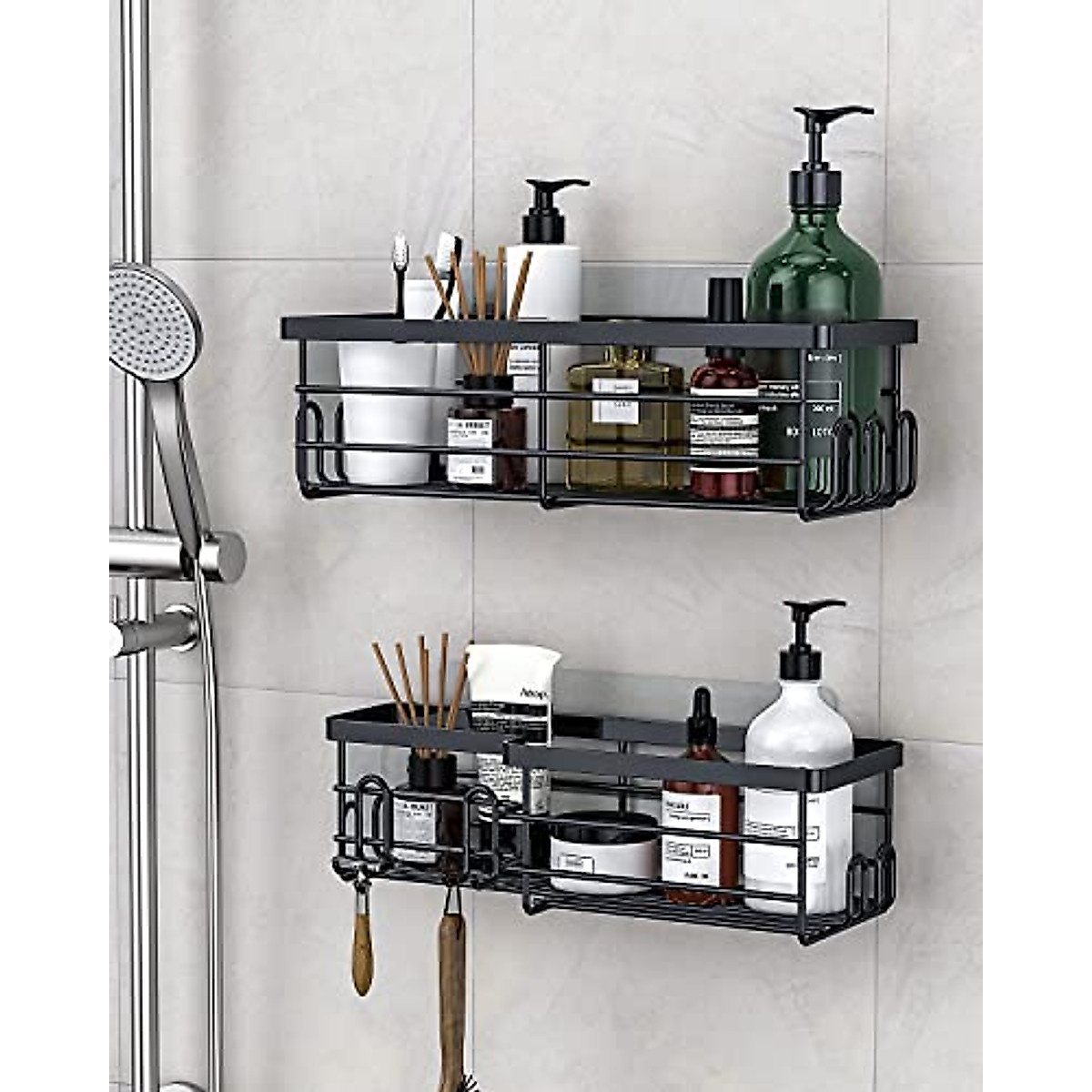 Shower Caddy, Uamector Shower Organizer No Drilling, 3 Pack Adhesive Rustproof Stainless Steel Shower Shelves, Black Shower Shelf with 17 Hooks for Inside Shower, Wall Mounted Shower Rack for Bathroom