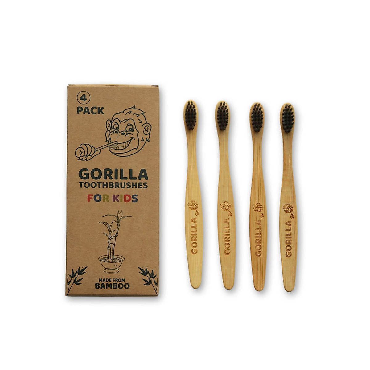Kid's 4 Pack - Gorilla Bamboo Toothbrush Soft Natural Bristle for Sensitive Gums - Eco Friendly Recyclable Biodegradable Sustainable Products Helping to Save The Planet - One Toothbrush at a Time