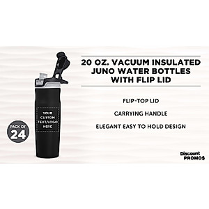 DISCOUNT PROMOS Custom Juno Water Bottles with Flip Lid 20 oz. Set of 24, Personalized Bulk Pack - Reusable, Great for Gym, Hiking, Cycling and for School - Black