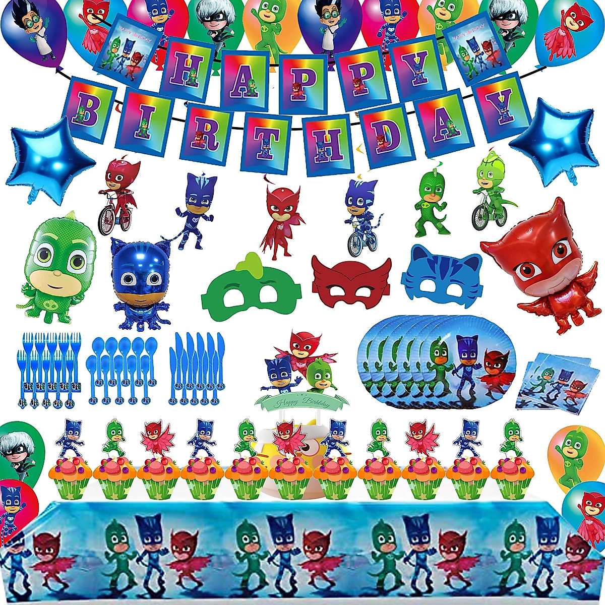 129pcs Pj-Masks Birthday Party Supplies Including Banners, Tablecloths, Cutlery, Spoons, Plates, Napkins, Hanging Swirls, Balloons, Cake Toppers, Cupcake Toppers, Character Foil Balloons