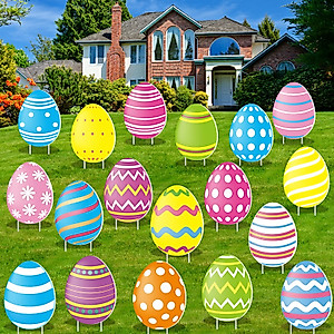 ADXCO 18 Pieces Easter Colorful Eggs Yard Signs with Stakes and String Double-Side Print Outdoor Easter Spotted Eggs Yard Decorations Waterproof Lawn Decorations for Easter Party Supplies