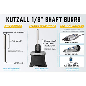 Kutzall Original Ball Nose Rotary Burr, 1⁄8" Shaft, Fine - Woodworking Attachment for Dremel, Foredom, DeWalt, Milwaukee. Abrasive Tungsten Carbide, 1⁄8" (3.1mm) Dia. X 7⁄8" (22.2mm) Length, BN-18-EG