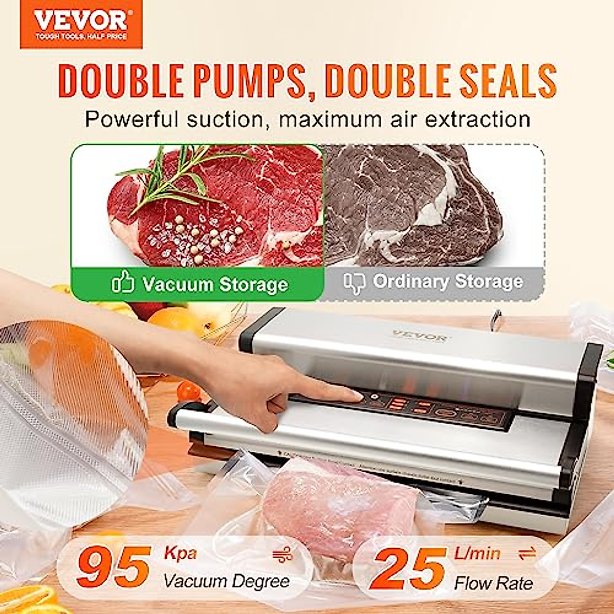 VEVOR Food Vacuum Sealer Machine, 95Kpa 350W Powerful Dual Pump and Dual Sealing, Dry and Moist Food Storage, Automatic and Manual Air Sealing System with Built-in Cutter, with Seal Bag External Hose