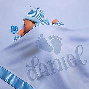 Be Burgundy Personalized Baby Blankets w/Name - Baby Receiving Blanket - 36x36 in | Satin Trim, Fleece | Blue - Baby Boy Gifts, Baby Stuff, Welcome Baby Gifts for Newborns | Footprints