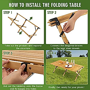 COSTWAY Folding Picnic Table, Portable 4ft Roll Up Camping Table with Storage Bag, for 4-6 People, Low Height Foldable Bamboo Bench Table, for Indoor & Outdoor Party, BBQ and Hiking(Natural)