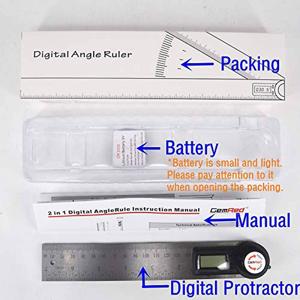 GemRed 82305 Digital Angle Finder Protractor (Stainless Steel, 7inch/200mm) (Black Button)