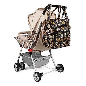 MEYTEILAY Diaper Bag Tote Baby Changing Bag Portable Waterproof Splashproof and Large Capacity with Shoulder Strap Stroller hooks（Flower Black）