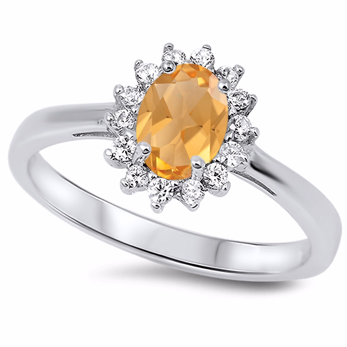 925 Sterling Silver Faceted Natural Genuine Yellow Citrine Oval Flower Halo Ring Size 6