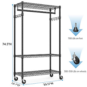 MZG Heavy Duty Rolling Garment Rack 3 Tiers Adjustable Wire Shelving Clothes Rack with Rods and Side Hooks,Storage Closet Clothing Rack with Wheels Black 15.7" D x 29.5" W x 74.5" H